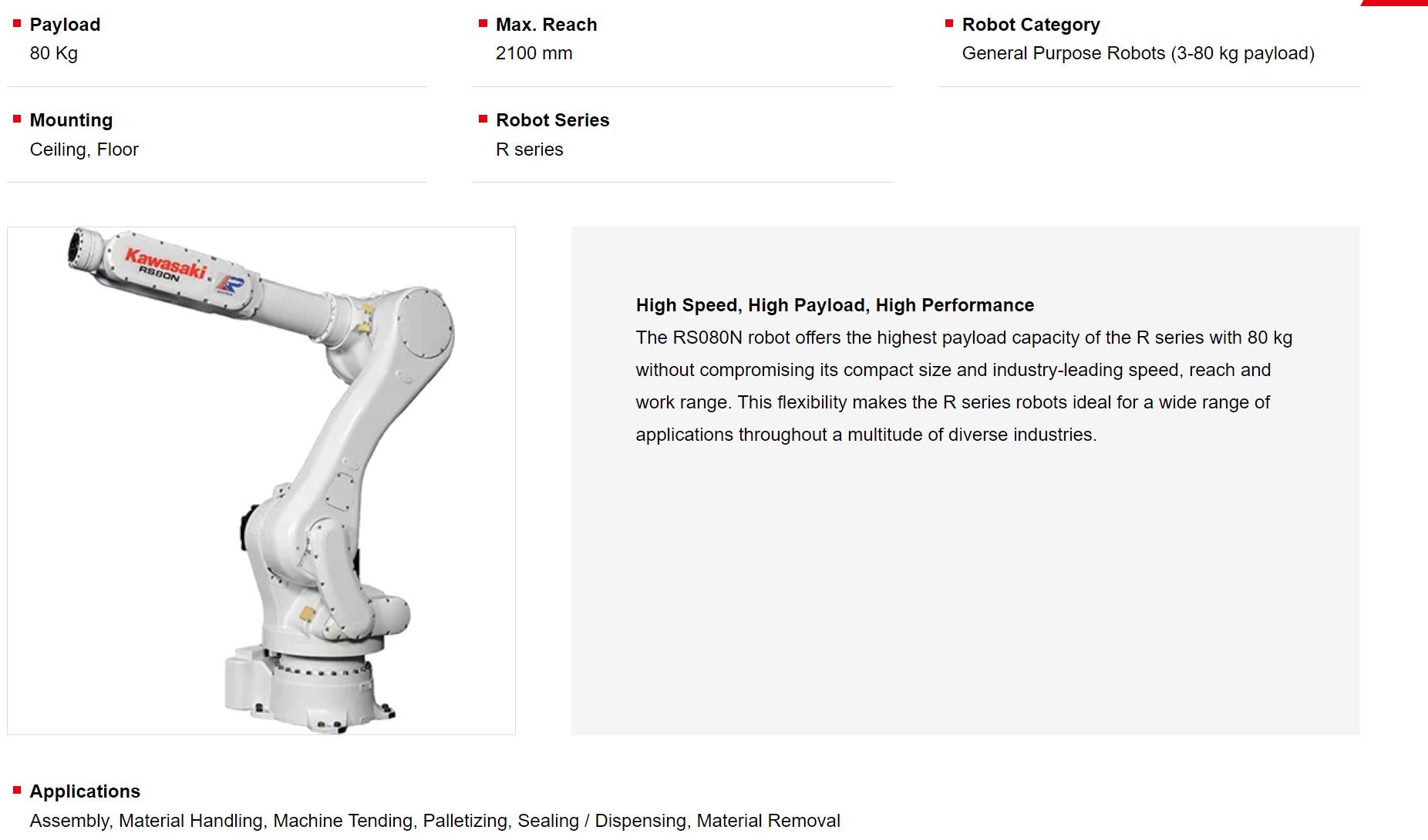 KAWASAKI RS080N 6 AXIS GENERAL PURPOSE ROBOT PAYLOAD 80 KG X 2100 MM REACH | R.A.B. Industries Inc.